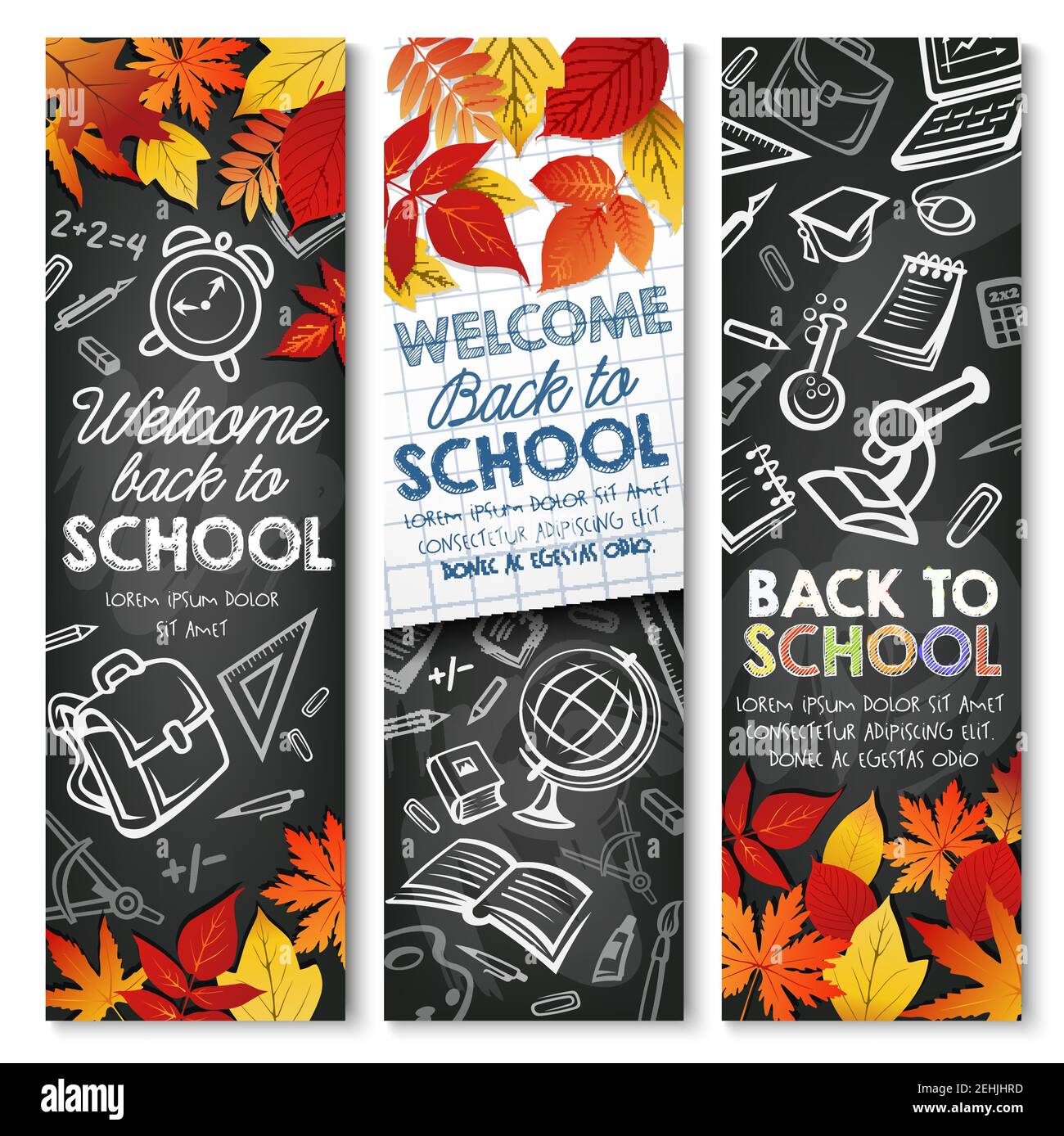 Welcome Back to School banners design template on black chalkboard or ...