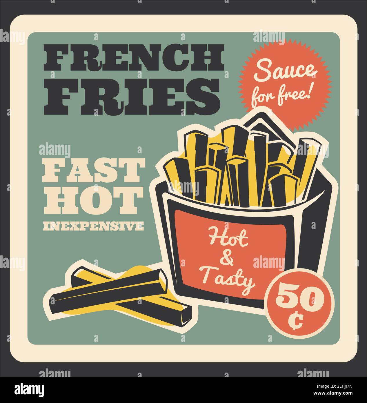French fries retro poster for fast food restaurant or cinema bistro ...