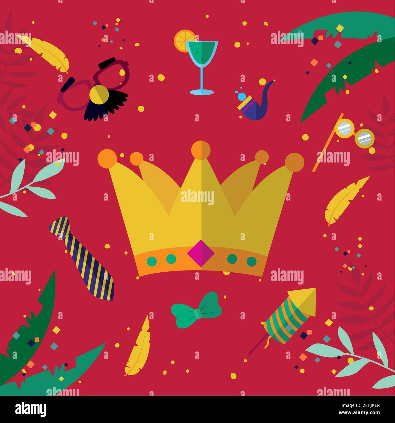 carnival crown with icon set design, Party decoration celebration and ...