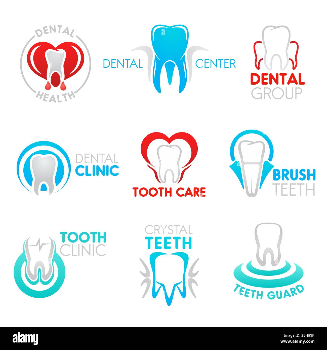 Dental clinic and tooth health center icon set. White teeth in frame of ...