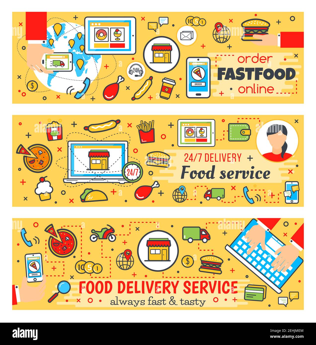 Fast food online delivery banners, fastfood cafe, restaurant or bistro ...
