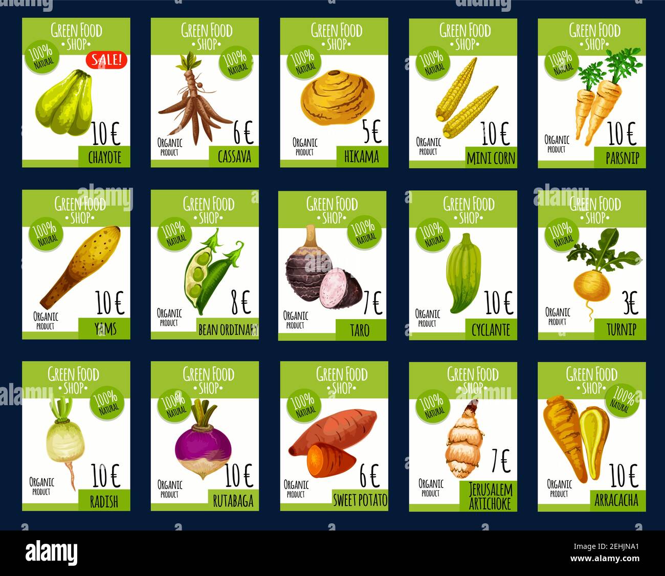 Exotic vegetables price cards for farm market. Vector chayote, cassava ...