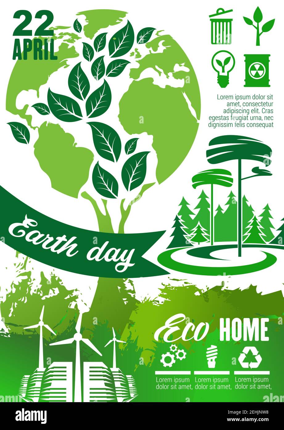 Happy Earth Day holiday greeting poster. Eco green planet in shape of ...