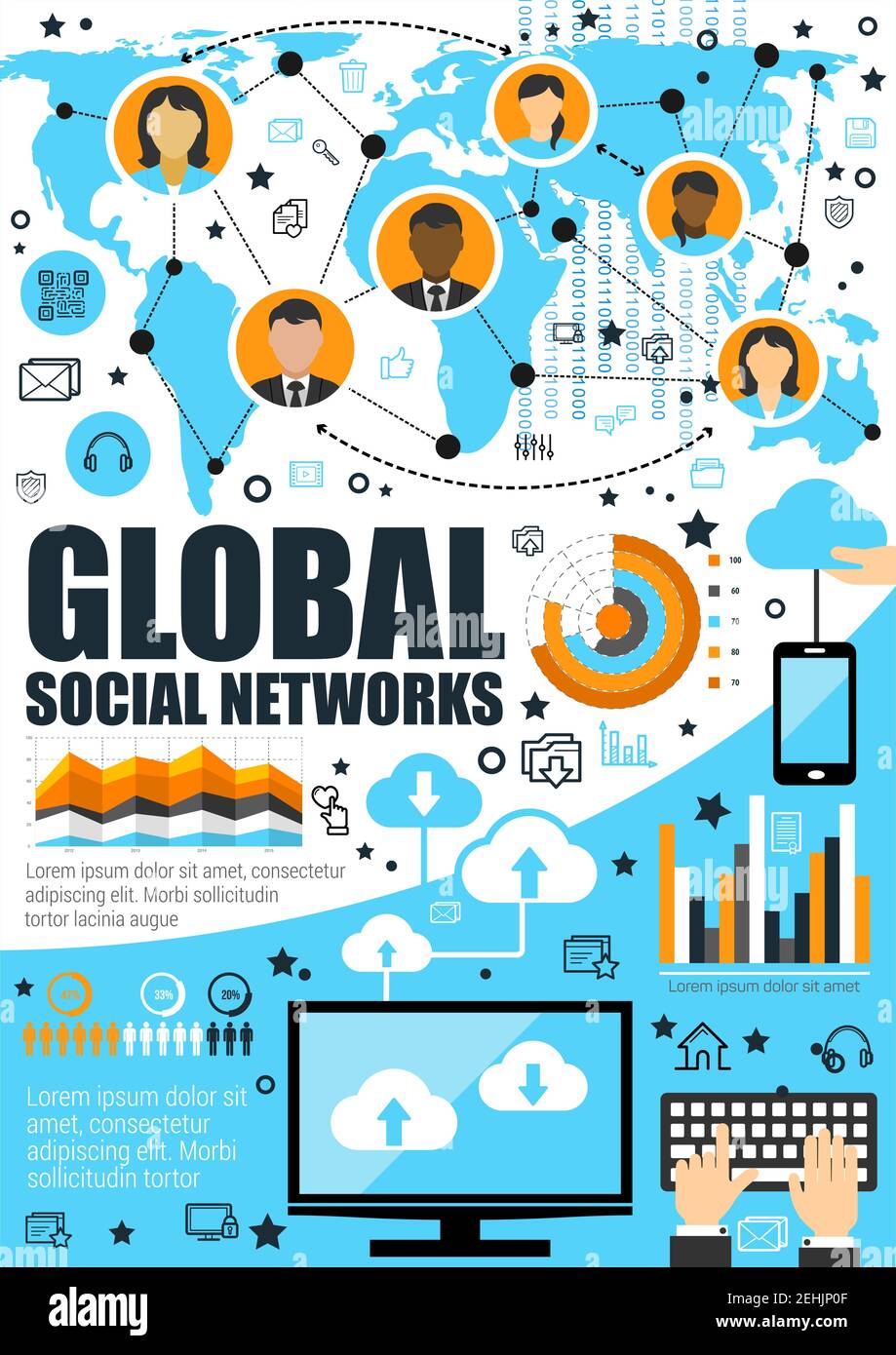 Global social network communication, infographic diagrams. Vector ...