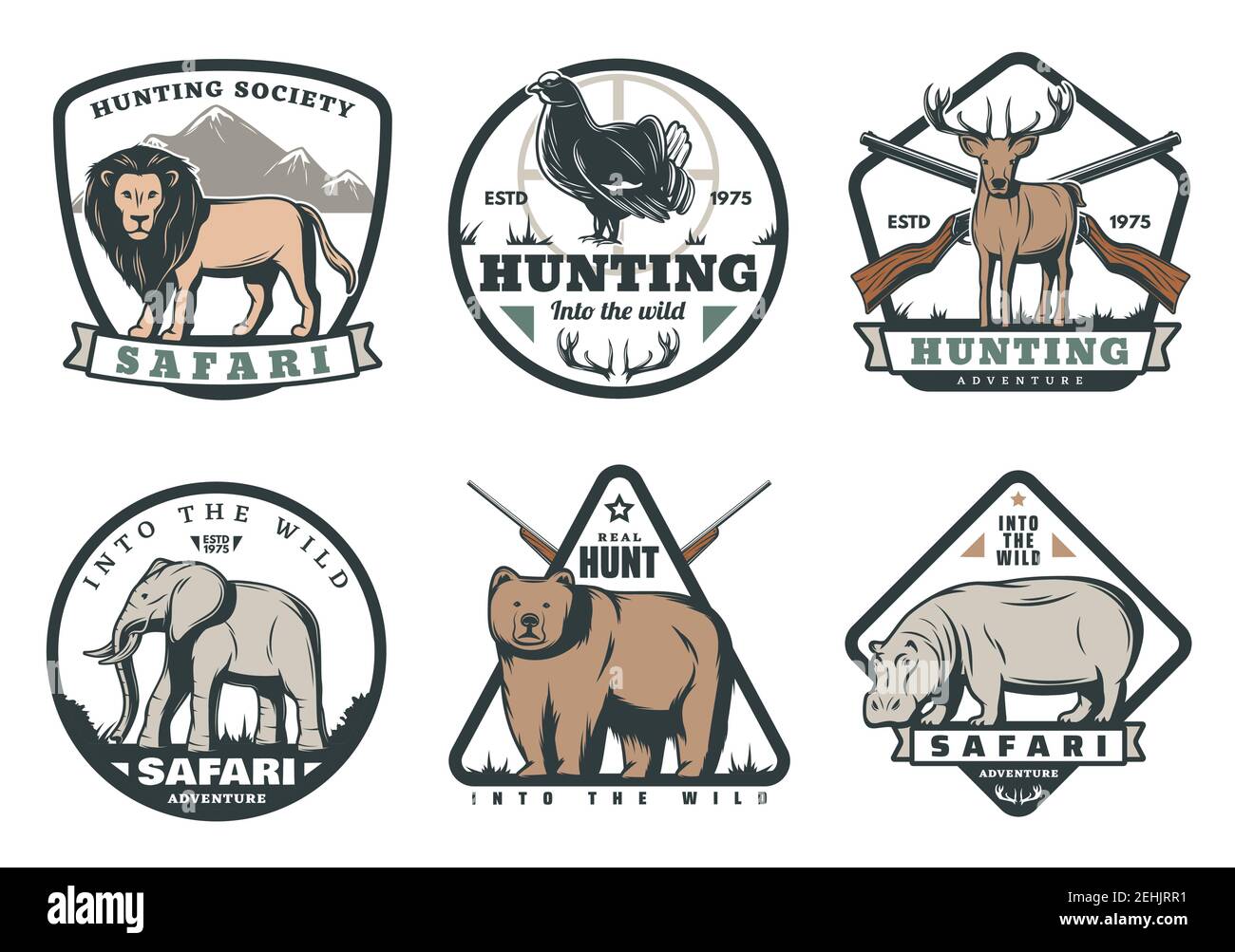 African safari hunting retro labels of animal and bird with target ...