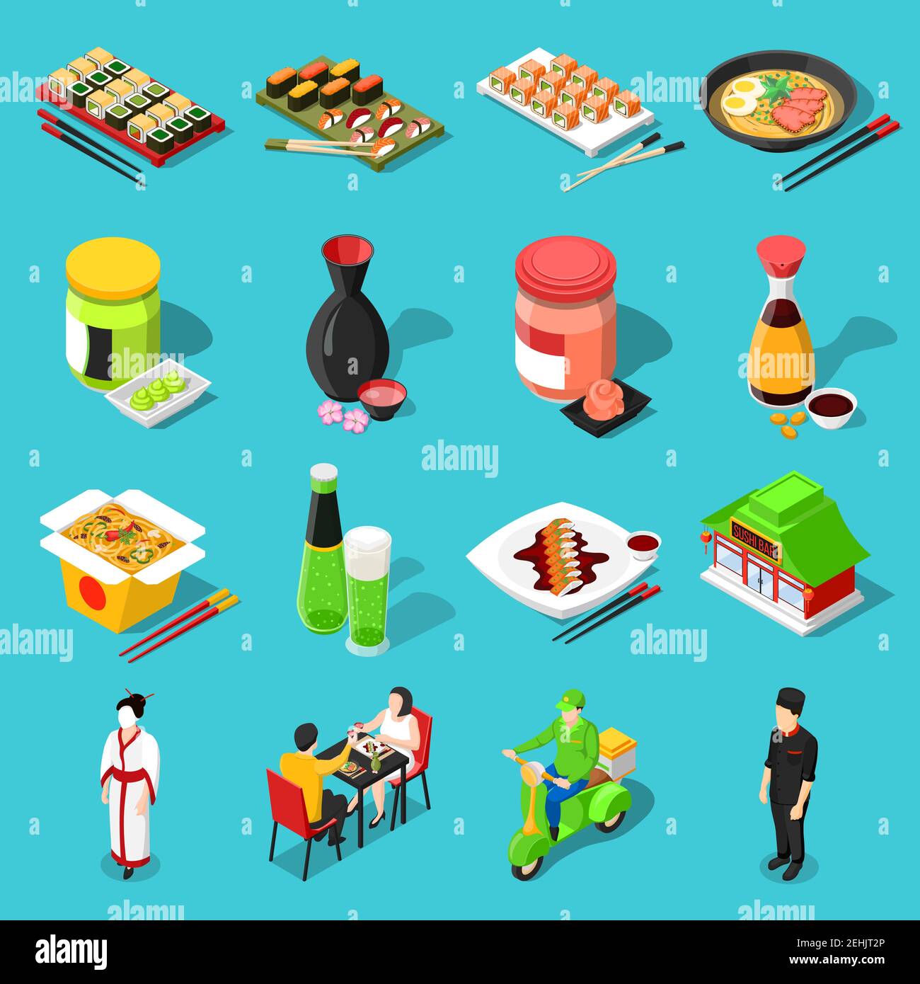 Sushi bar isometric icons with roll sashimi, wasabi sauces shadow ...