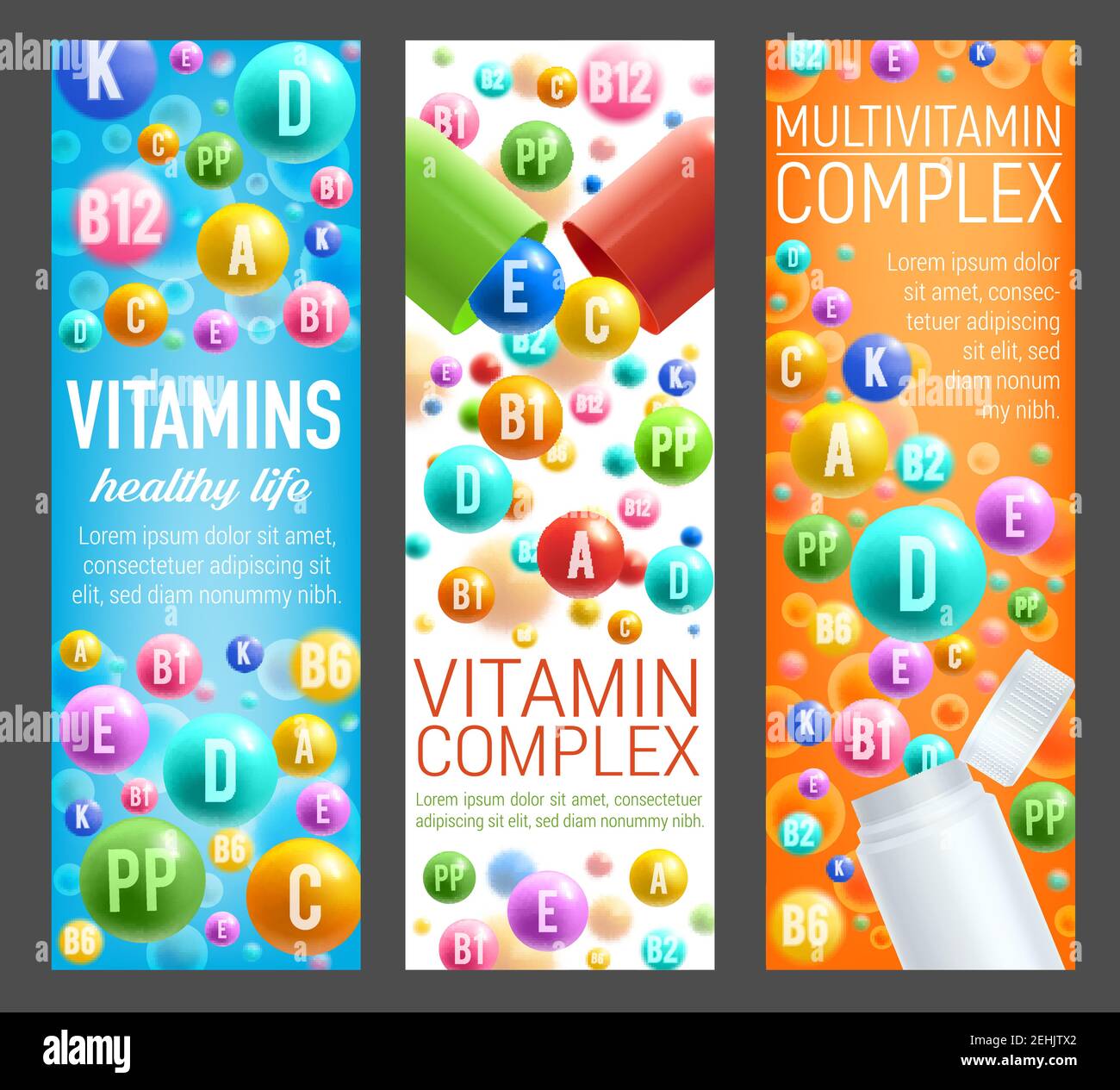 Vitamins and multivitamin complex banners for healthy lifestyle. Vector ...