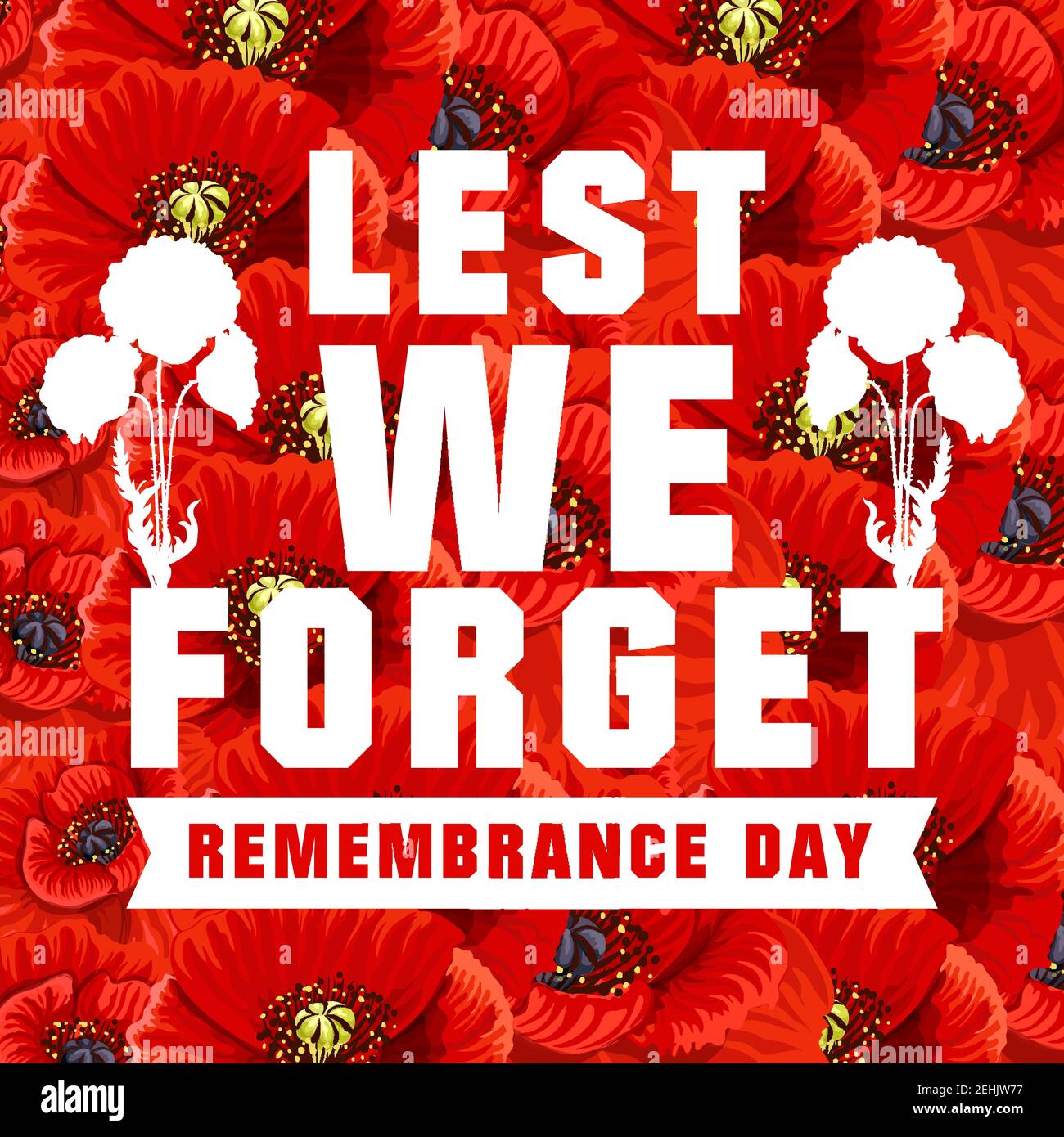 Vector poster for Remembrance day with red poppies on background. Lest ...