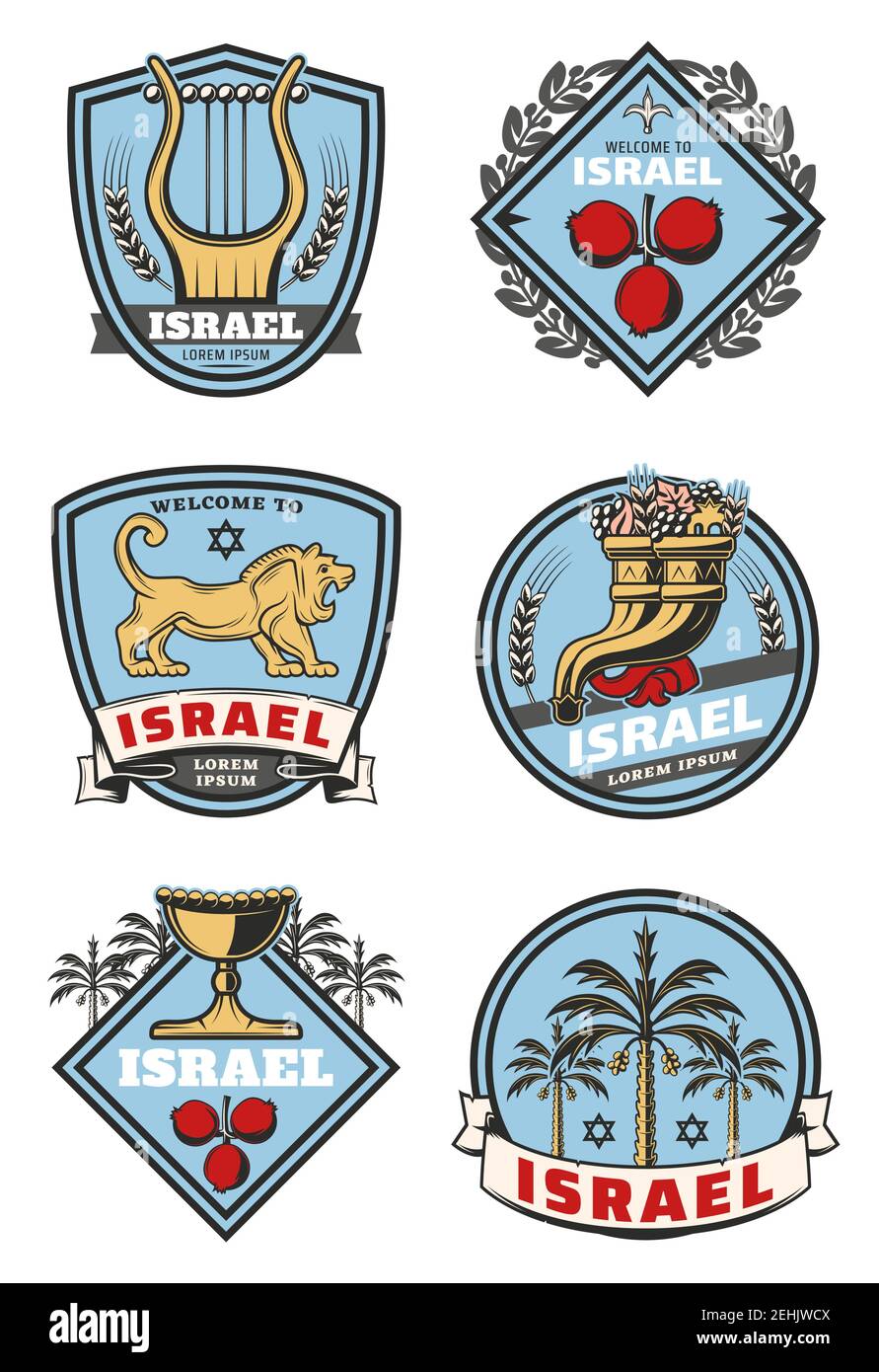 Israel travel and culture icons of traditional Jewish symbols. Vector ...