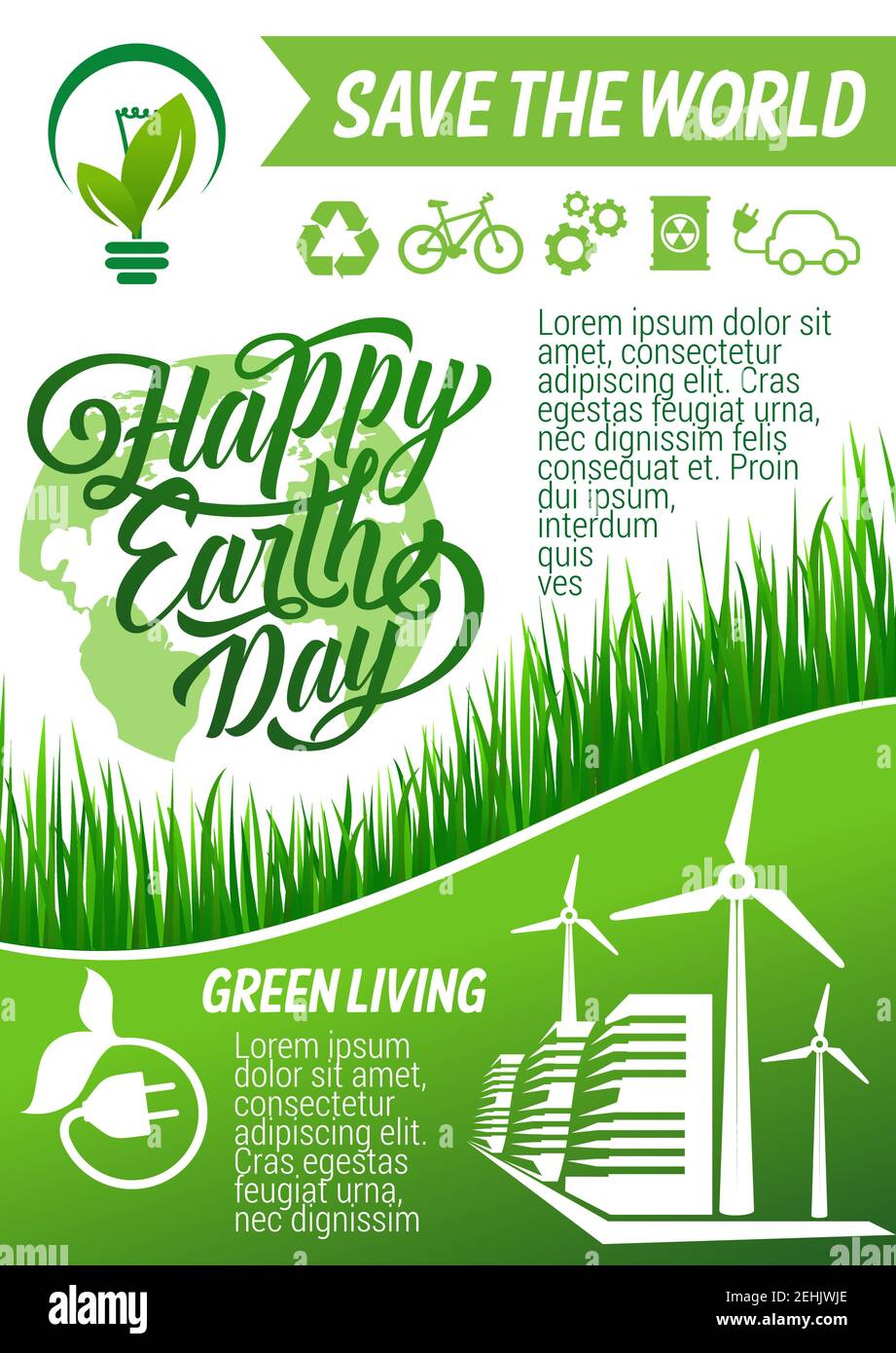 Happy Earth Day banner with green energy, recycle and eco transport ...
