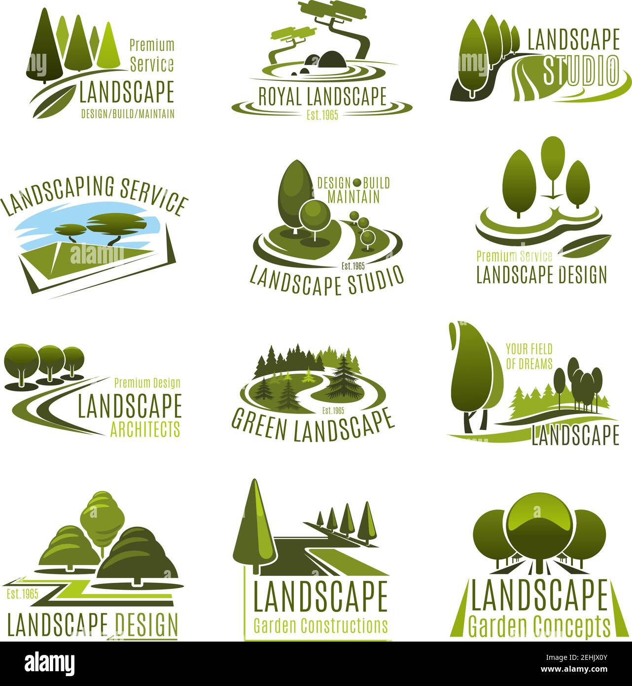 Landscape design studio icon set. Landscaping and gardening service ...