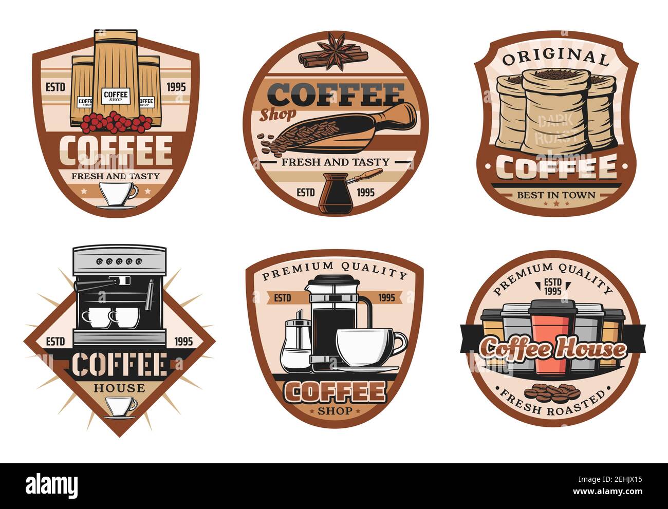 Coffee drink and bean vintage icons. Espresso, cappuccino or latte hot ...