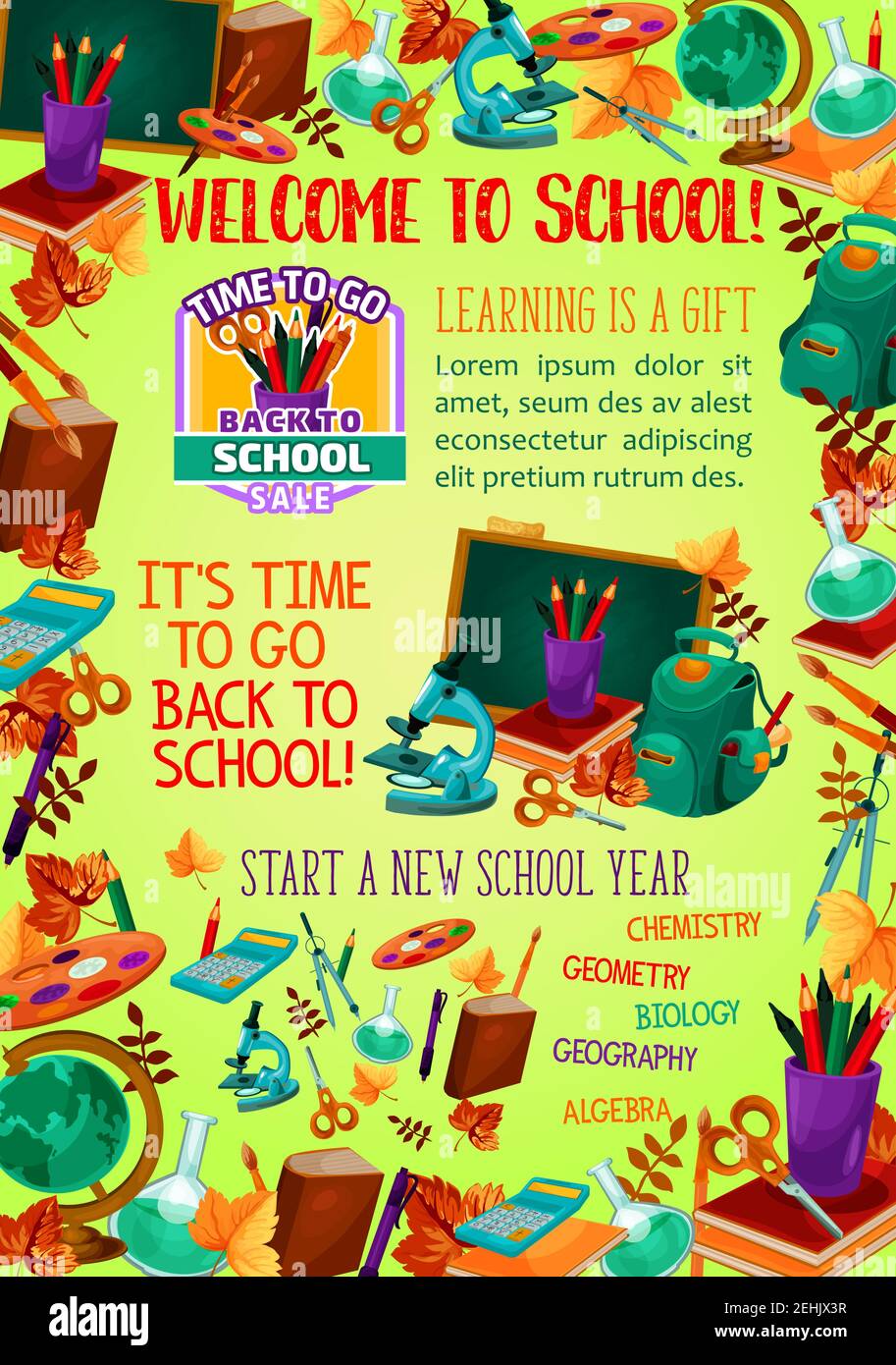 Welcome back to school banner with frame of school supplies and ...