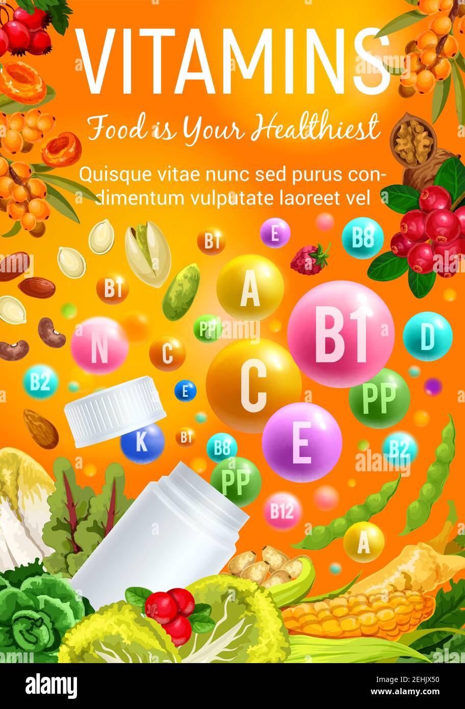 Vitamins in healthy food fruits, vegetable salads, nuts and berries ...