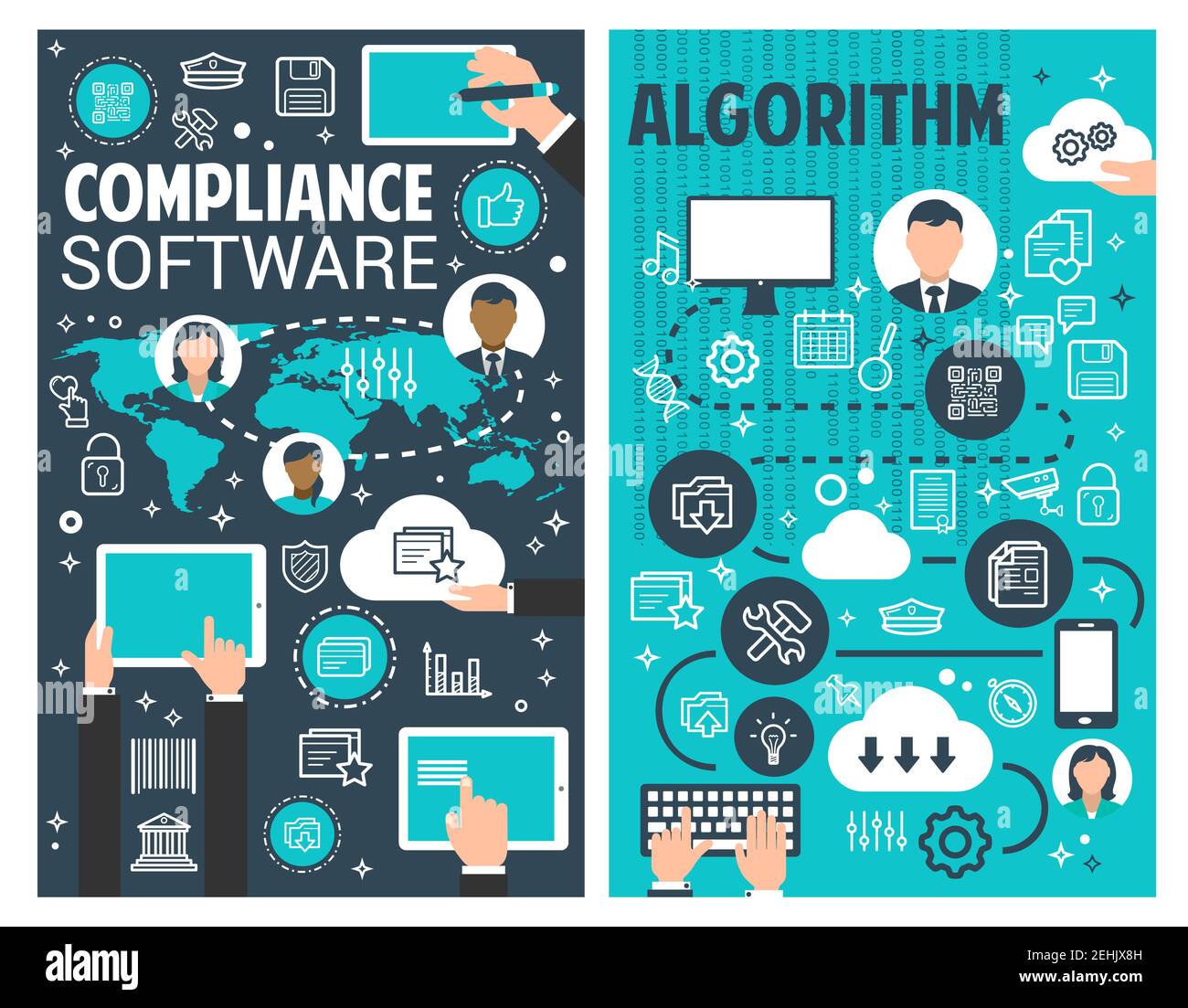 Business process algorithm and compliance software banner set for information technology concept ...
