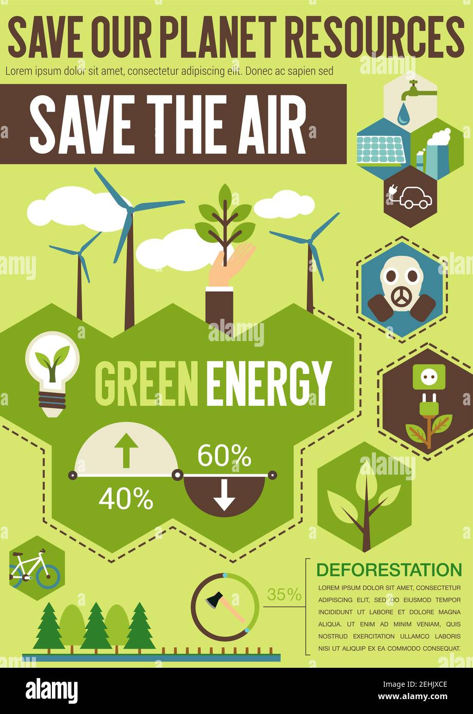 Save planet resources flat banner with green energy, recycle and eco ...