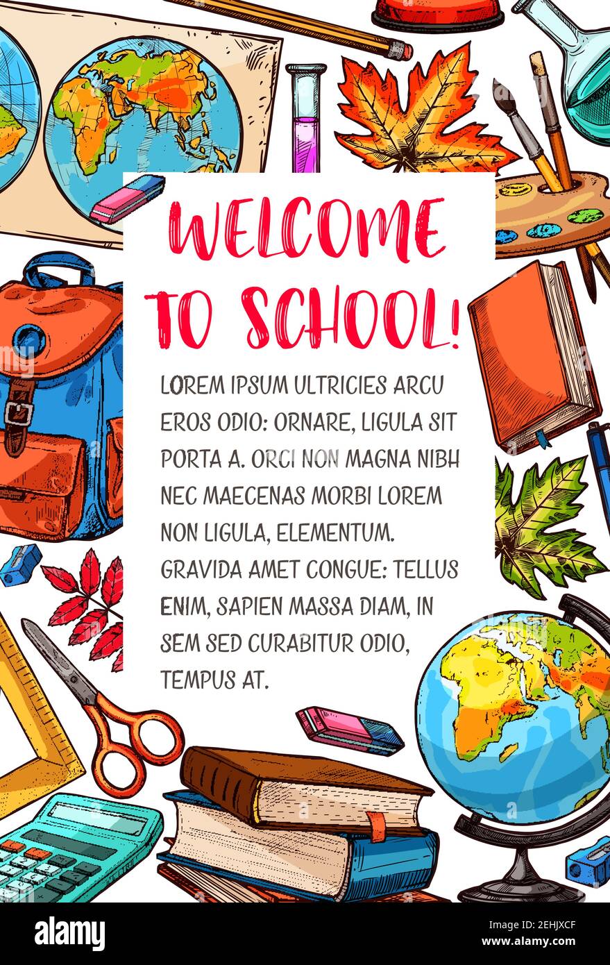 Welcome Back to School sketch poster of education stationery and lesson ...