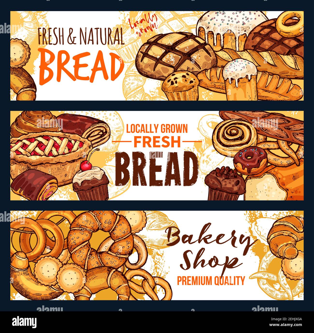Fresh bread and pastry food sketch banner for bakery shop. Wheat bread ...