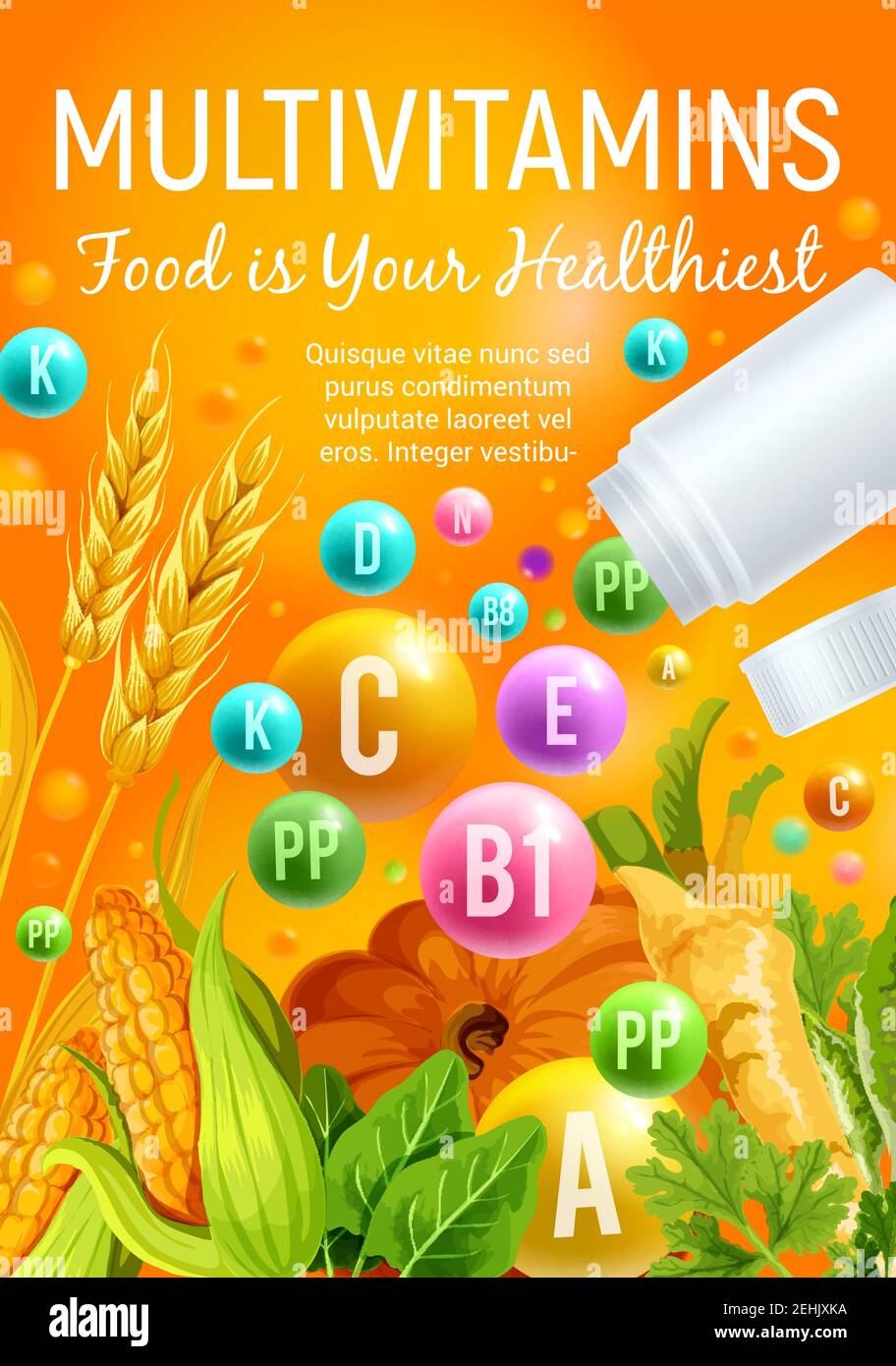 Multivitamin poster of vitamin rich food with vegetable, cereal and ...