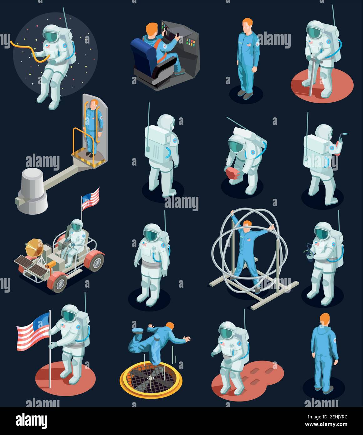 Astronaut isometric people set of isolated human characters with ...