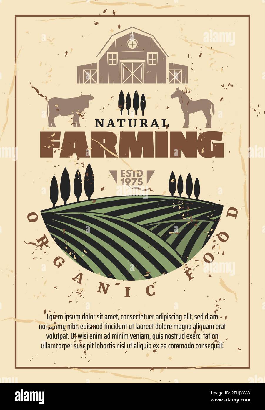 Organic farming retro poster with natural farm food, agriculture theme ...