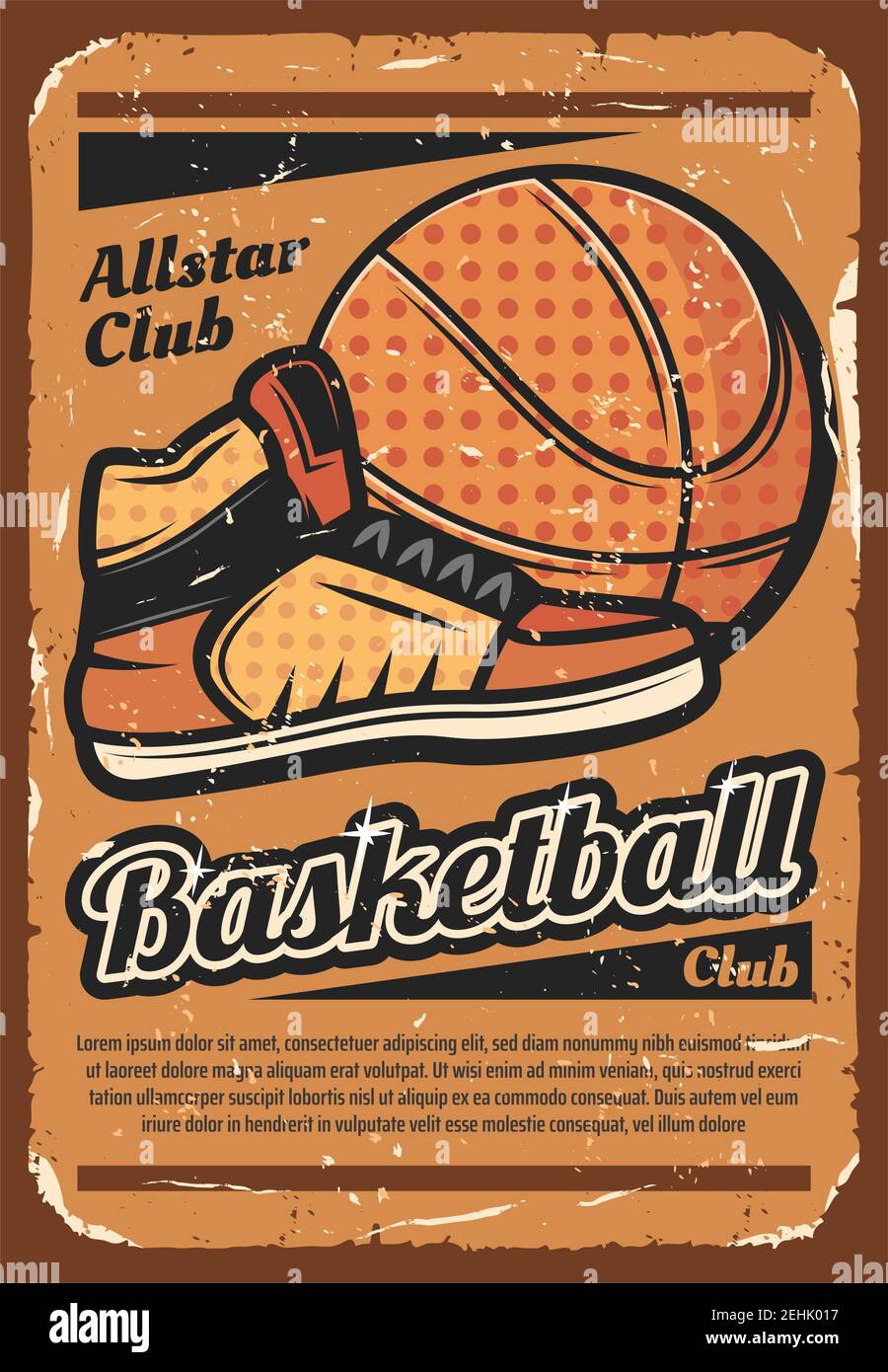 Basketball sport retro poster with ball and boots. Basketball game ...