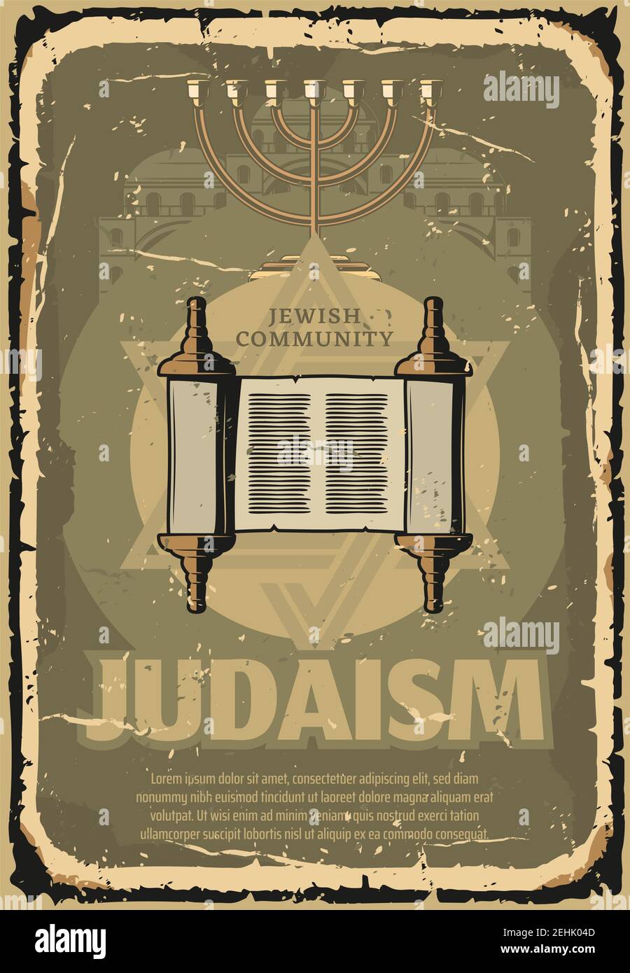 Judaism retro poster of Jewish symbols. Vector vintage design of Sefer ...