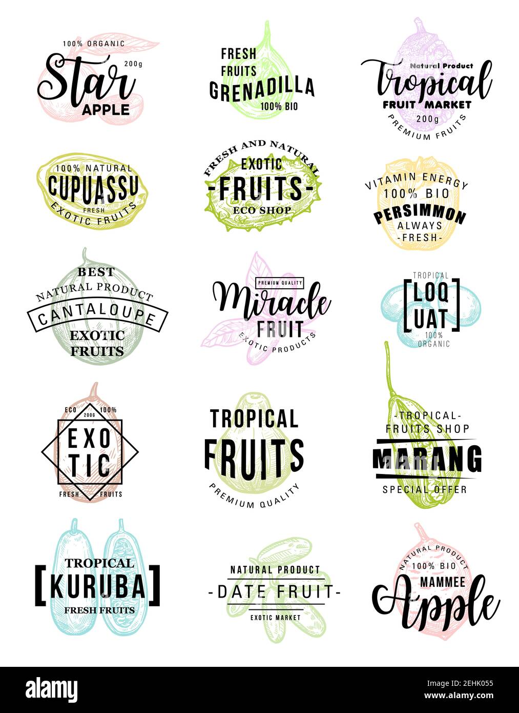 Exotic tropical fruits lettering icons for farm market. Vector ...