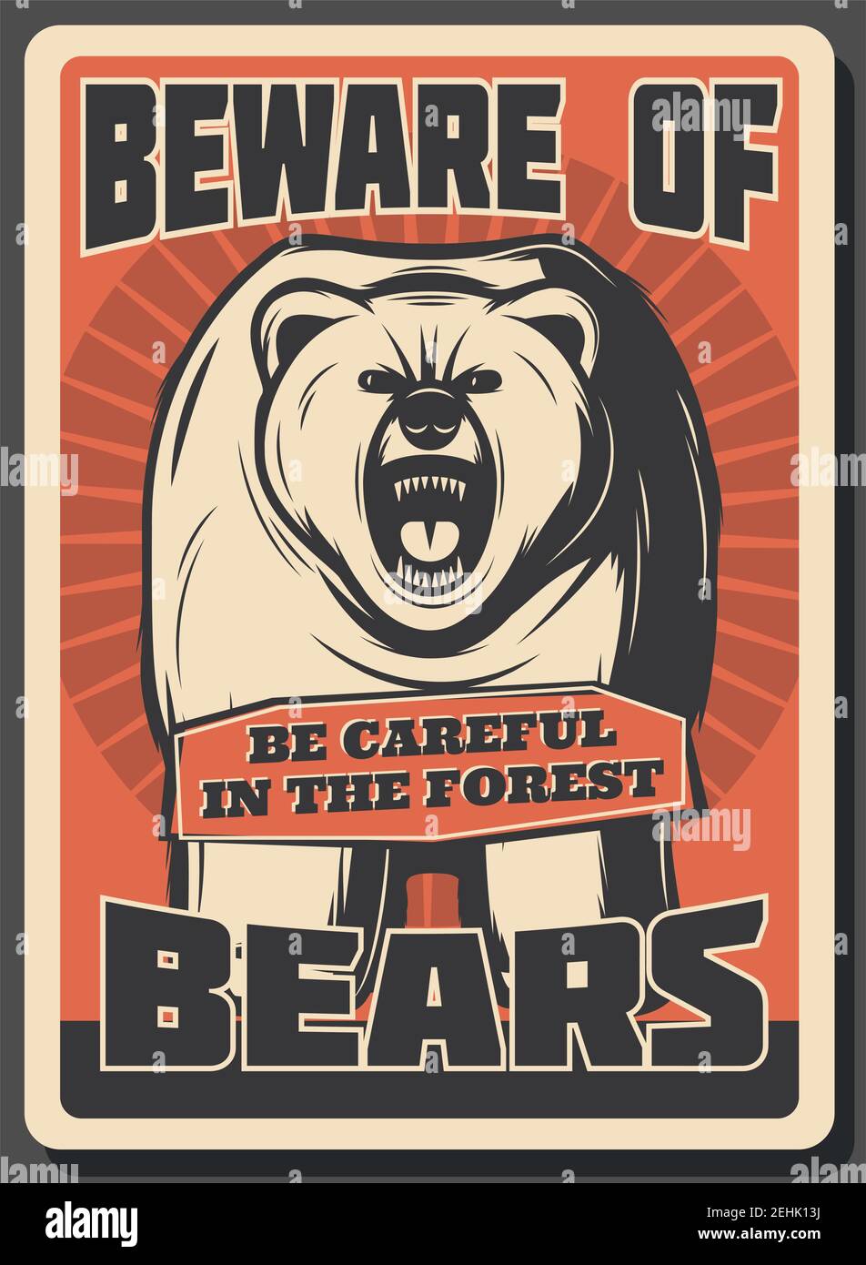 Beware of bears retro poster for hunter warning. Vector vintage design ...