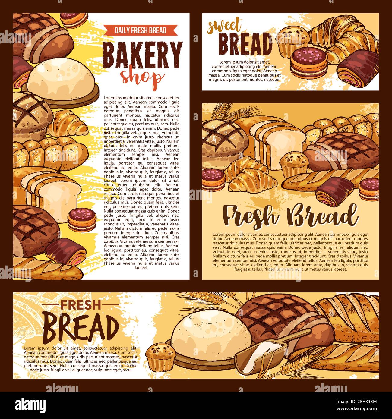 Bakery shop sketch posters and bread banners. Vector design of wheat or ...