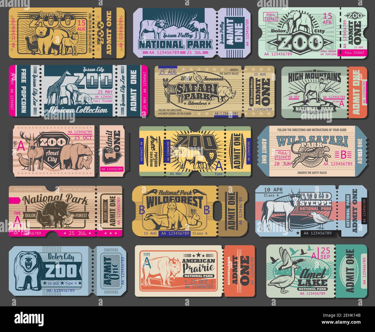 Zoo tickets for zoological park. Vector vintage admit ticket design of ...