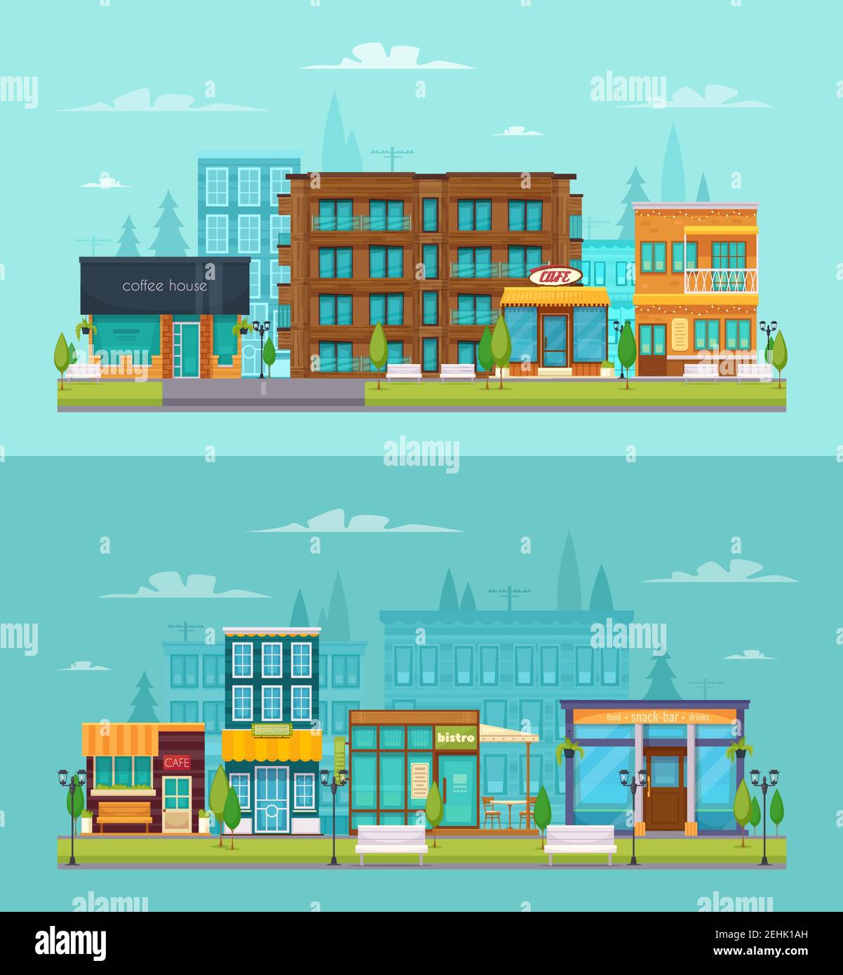 City street view 2 flat horizontal banners set with coffee house snack ...