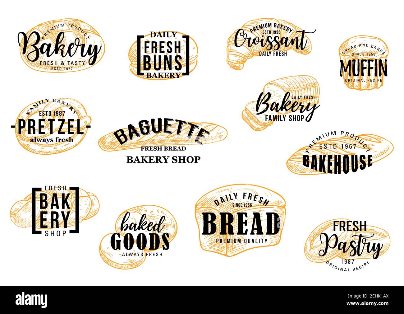 Bakery bread and pastry cakes lettering for baker shop. Vector sketch ...