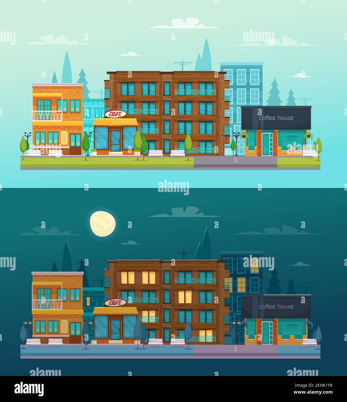 Street cafe day night 2 flat horizontal banners set with cafe ...