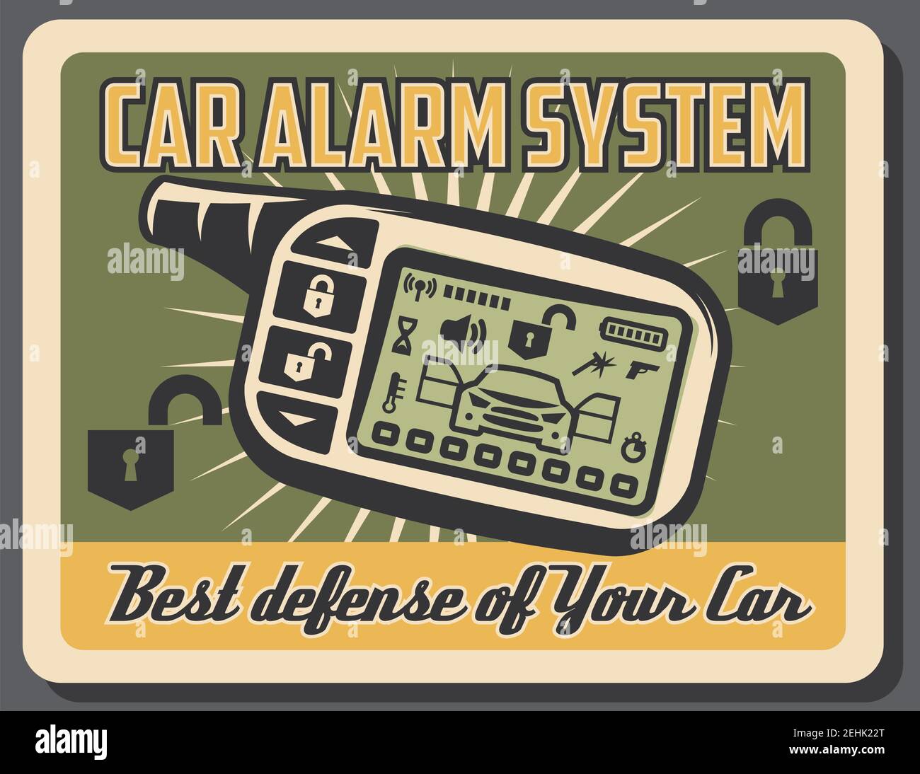 Car alarm system retro poster for auto security and defense control ...