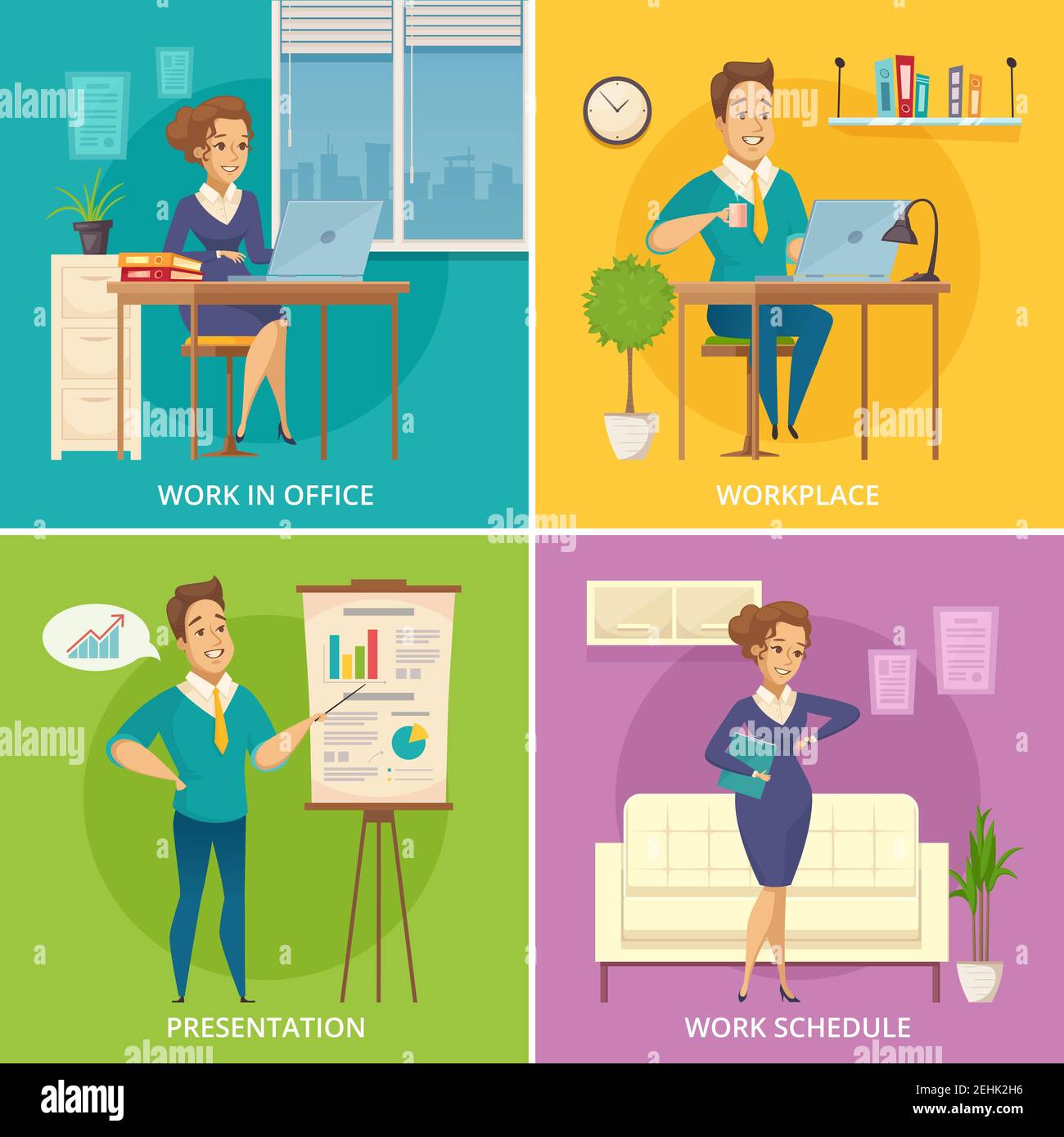 Office staff work place 4 retro icons square with retro cartoon ...