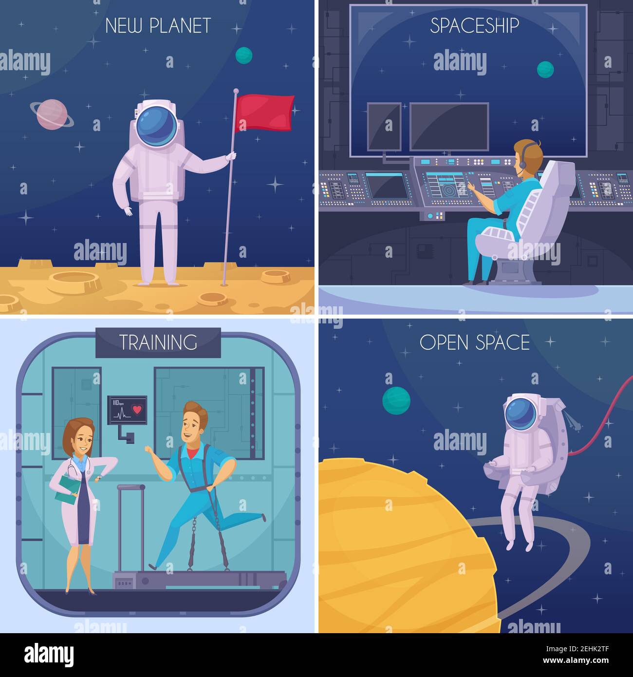 Space missing 4 cartoon icons concept with medical tests training and ...