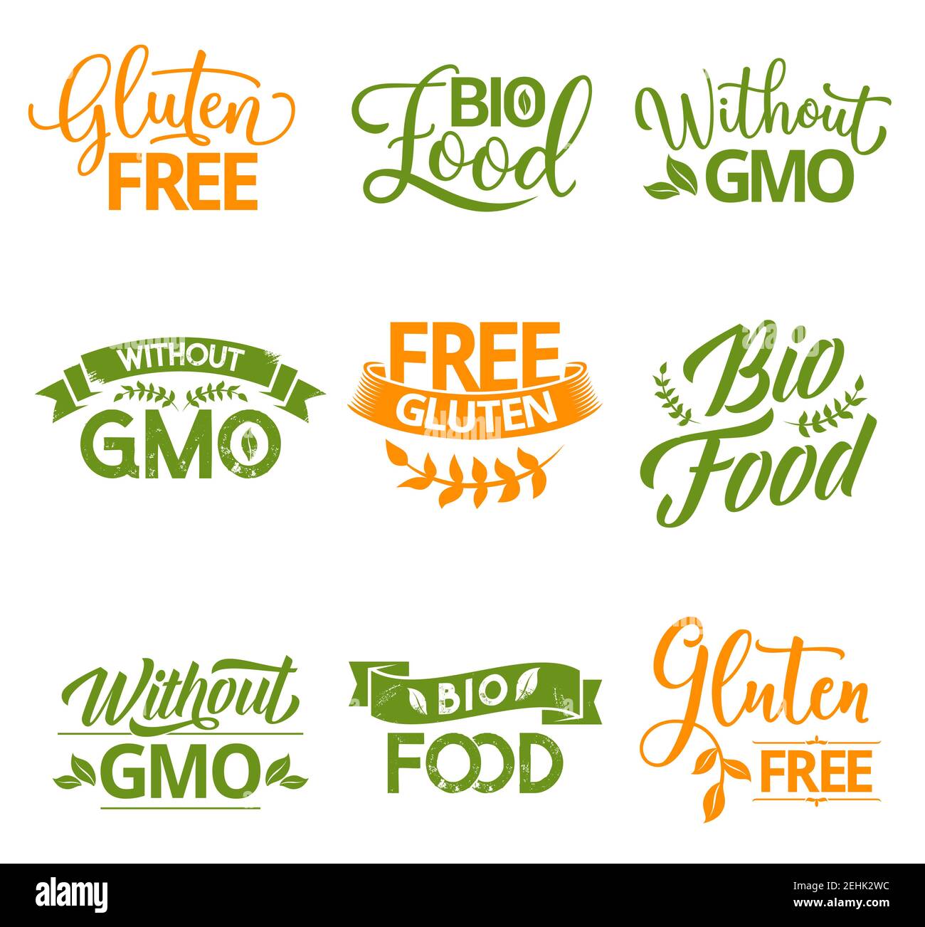 Bio, organic, gluten and GMO free natural food lettering calligraphy ...