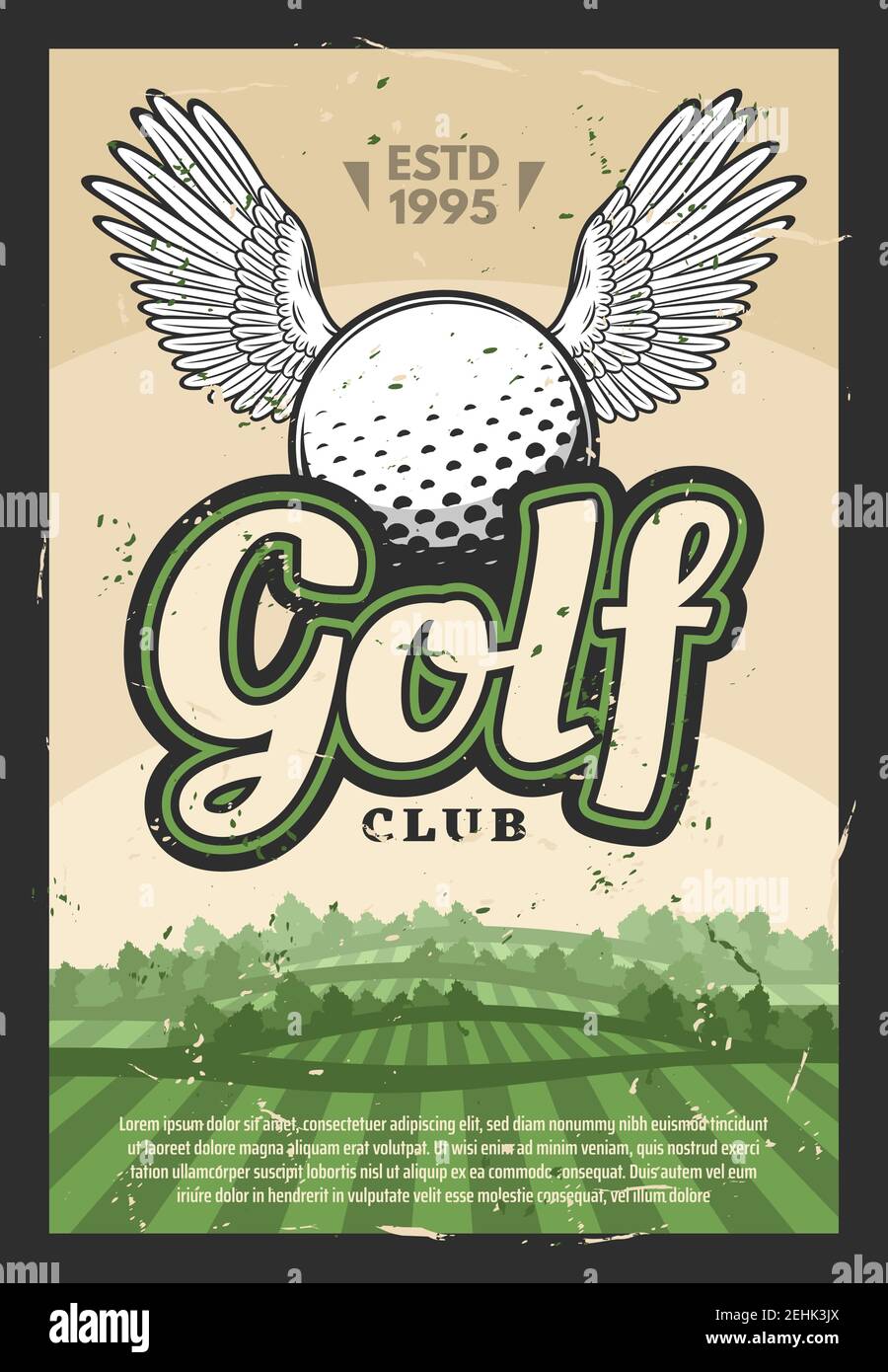 Golf sport club retro poster. Green golf play field with winged ball ...