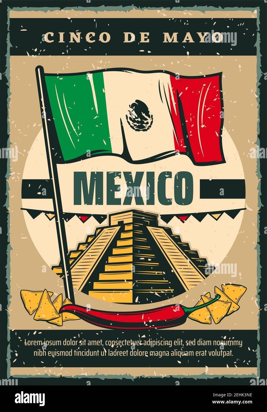 Cinco de Mayo Mexican holiday sketch poster retro design of Mexico flag ...