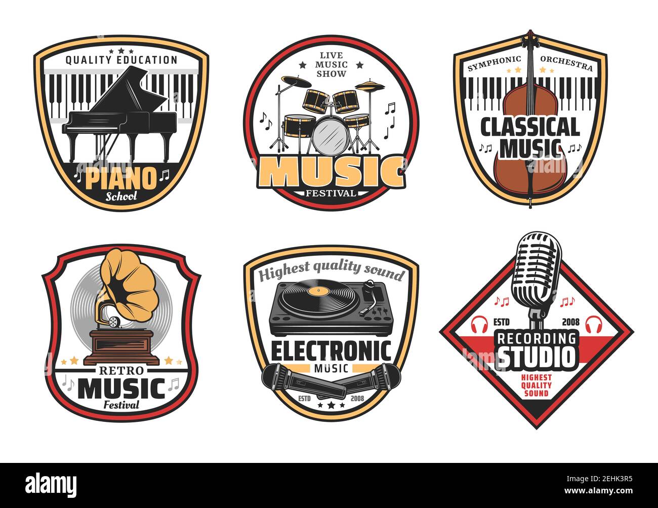Musical instrumentsvector icons. Piano and drums, violin and gramophone ...