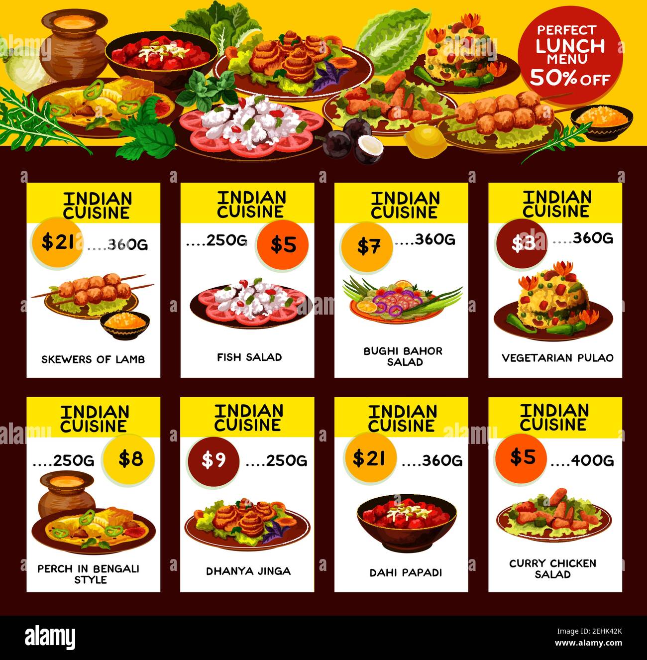 Indian cuisine restaurant menu. Chicken curry, vegetarian rice ...