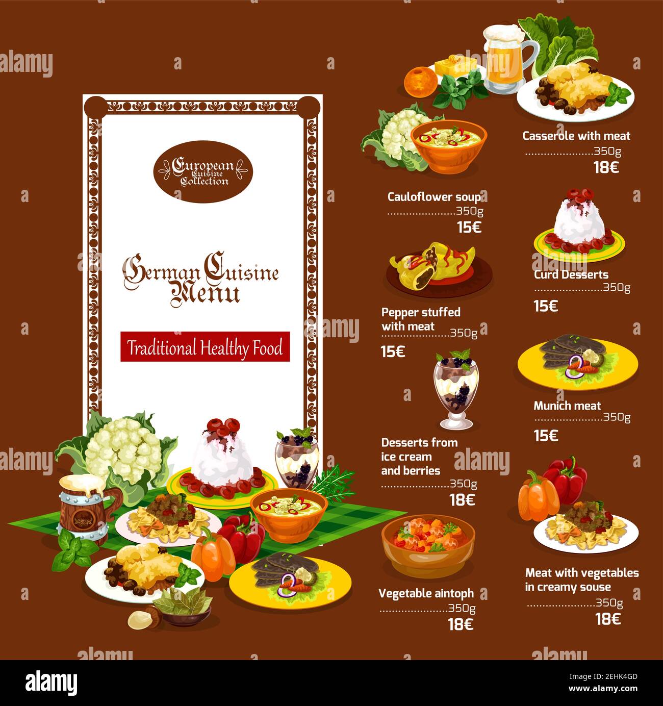German cuisine restaurant menu. Dessert and beer drink, beef steak ...
