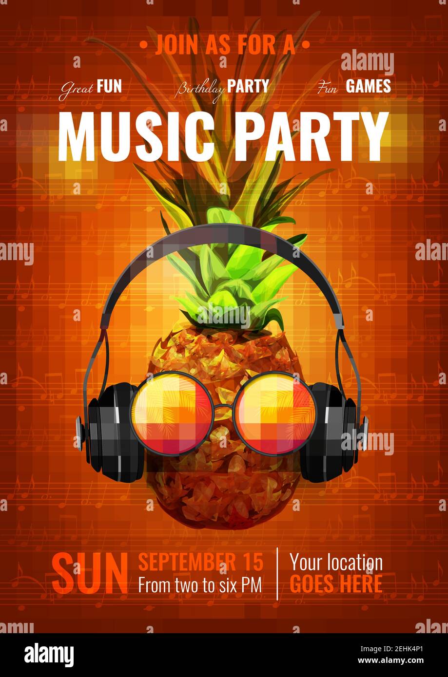 Music party poster with pineapple in realistic headphones, glasses on ...