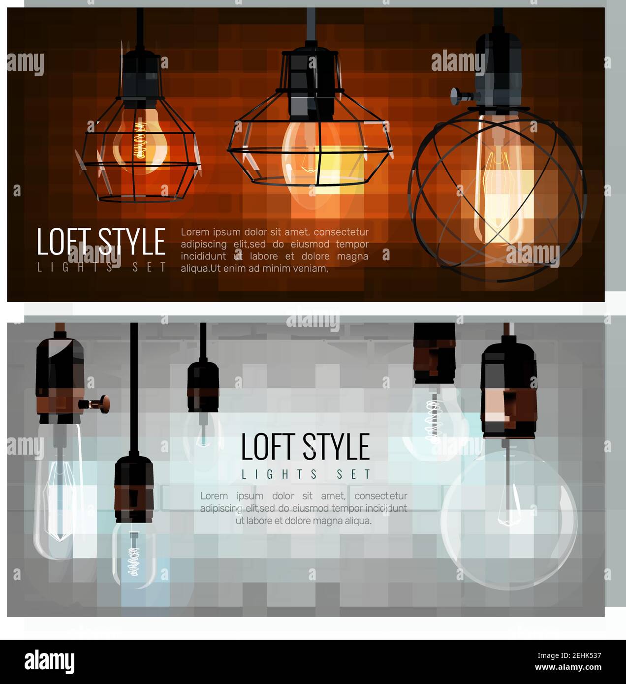 Two realistic vintage glowing light bulbs horizontal banner set with ...