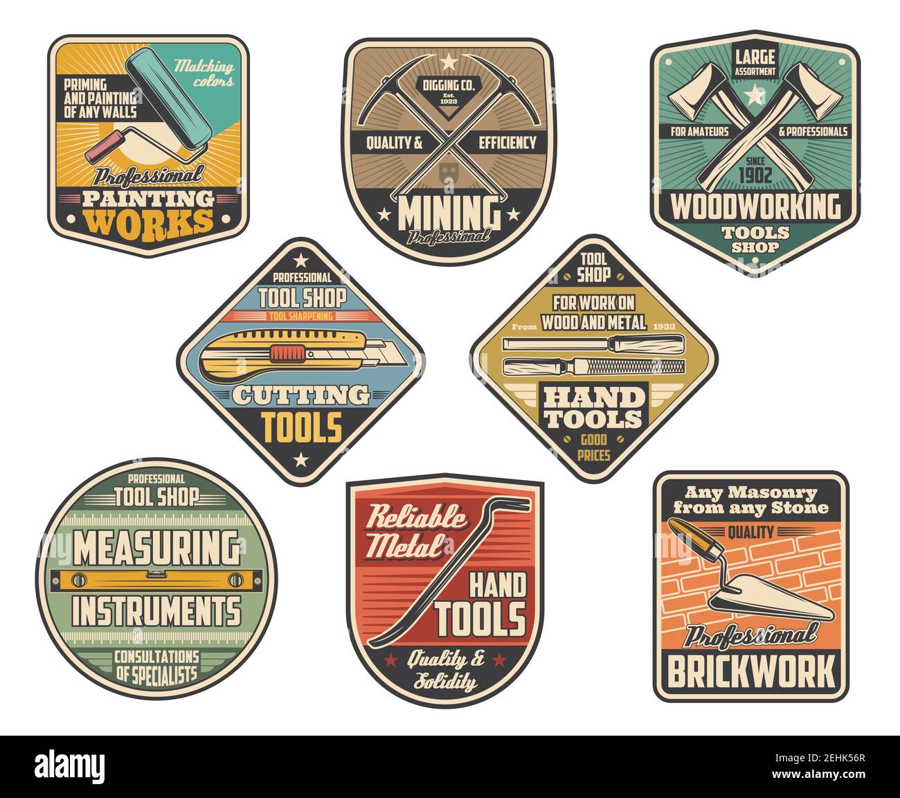 Repair and construction, building tools signboards and icons. Roller ...