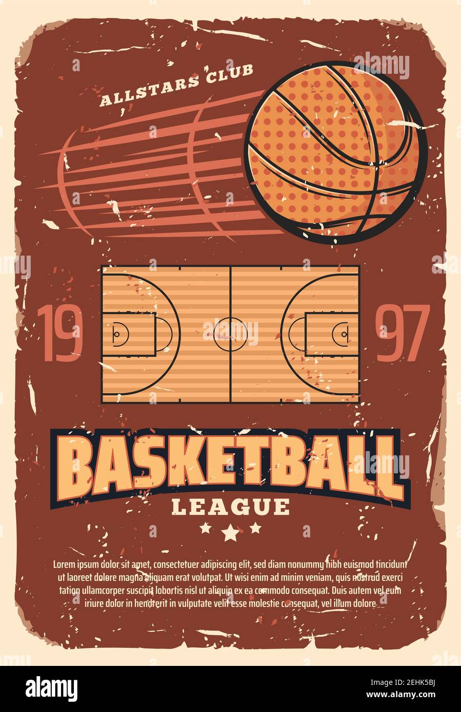 Basketball league retro poster with sport field and heavy ball. Vintage ...