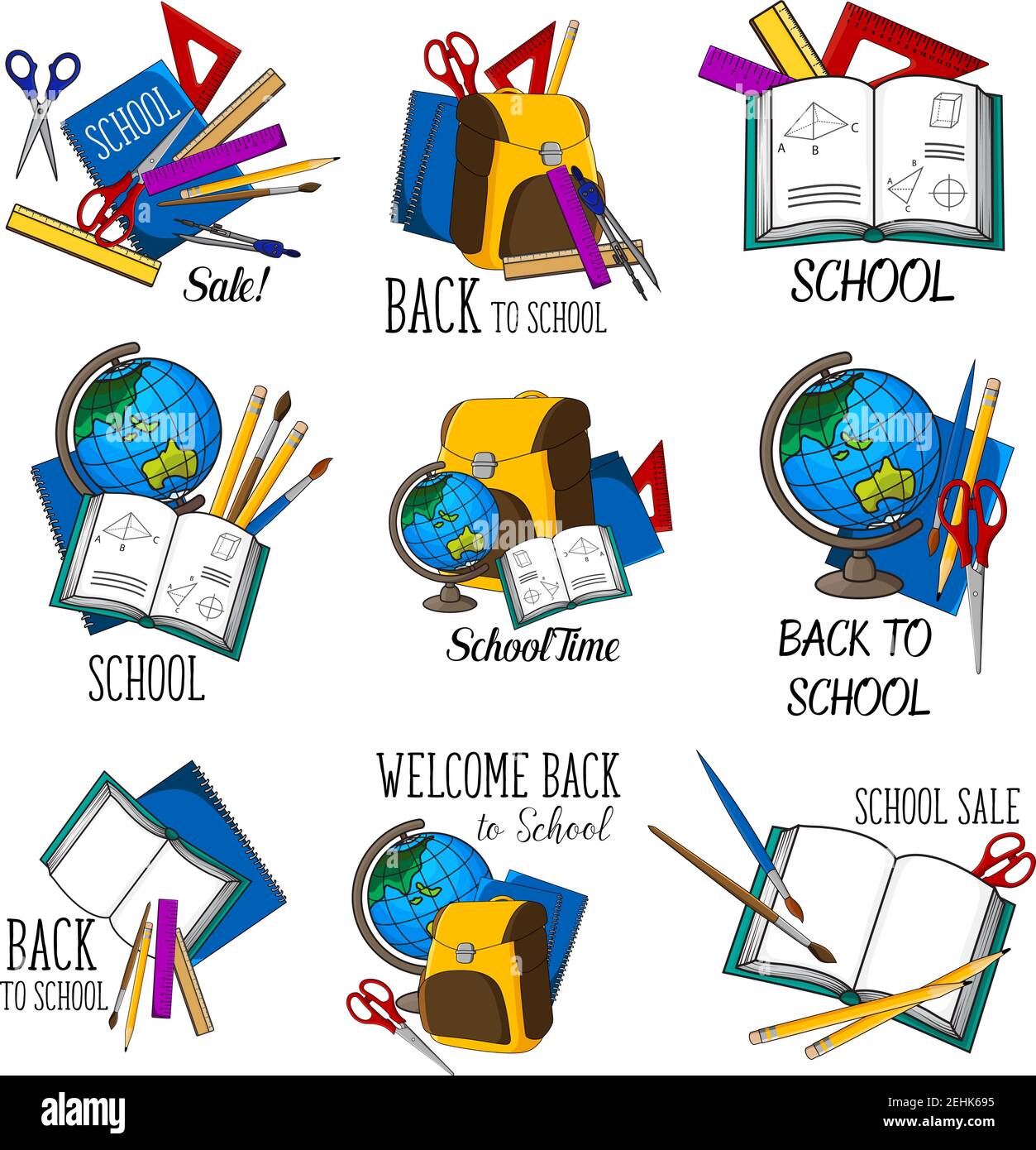 Back to School icons set design of education stationery and lesson ...