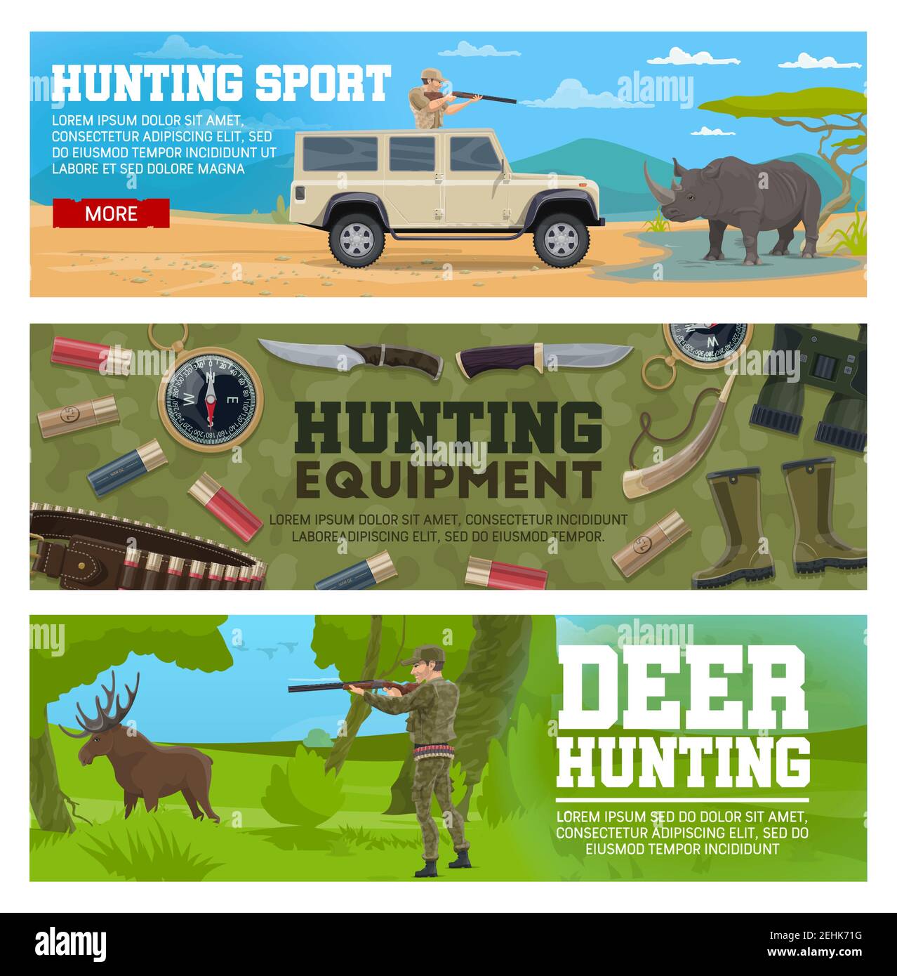 Deer hunting and african safari. Hunter aiming gun at elk and rhino ...