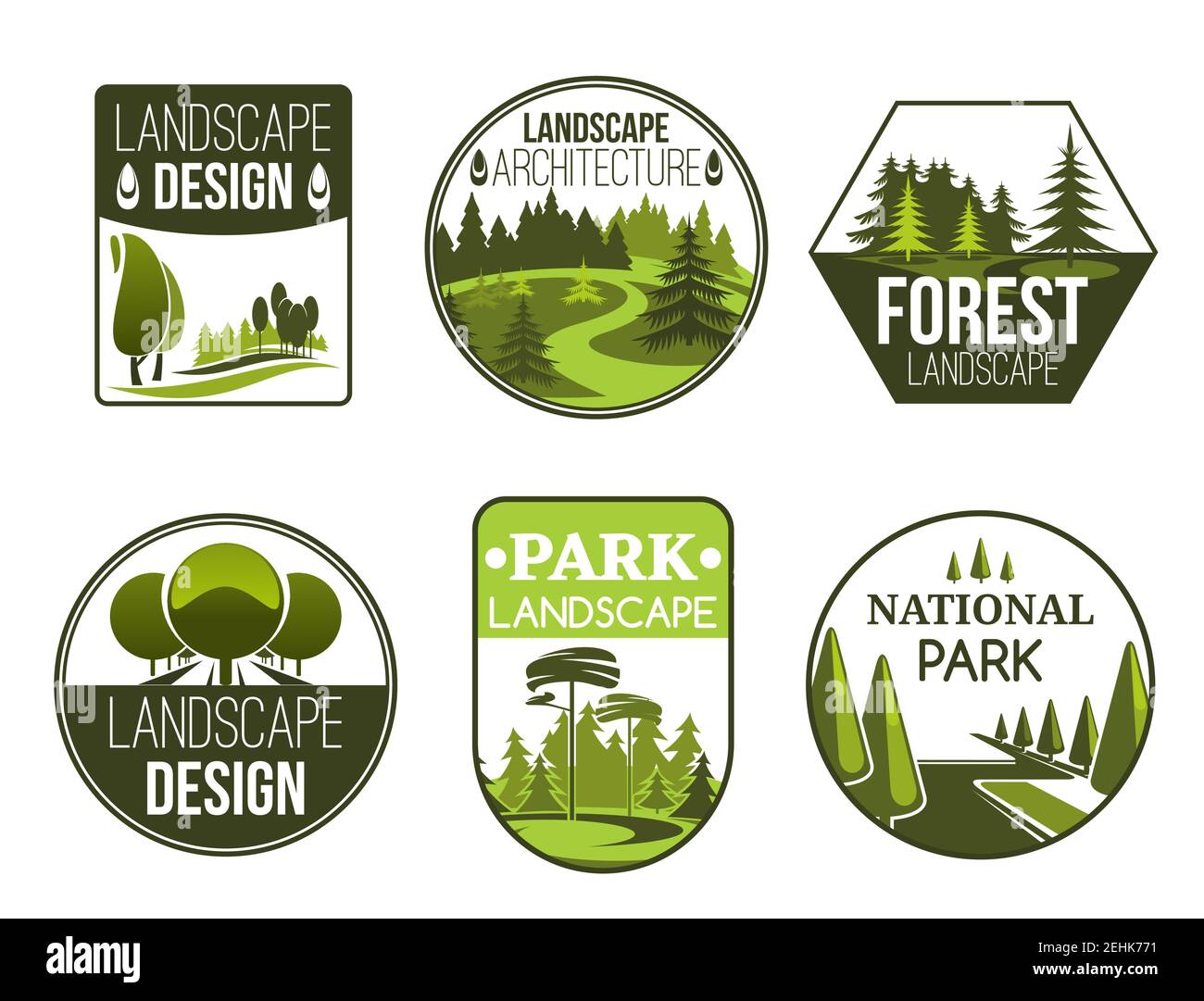 Landscape design and gardening service vector icons, forest, park and ...